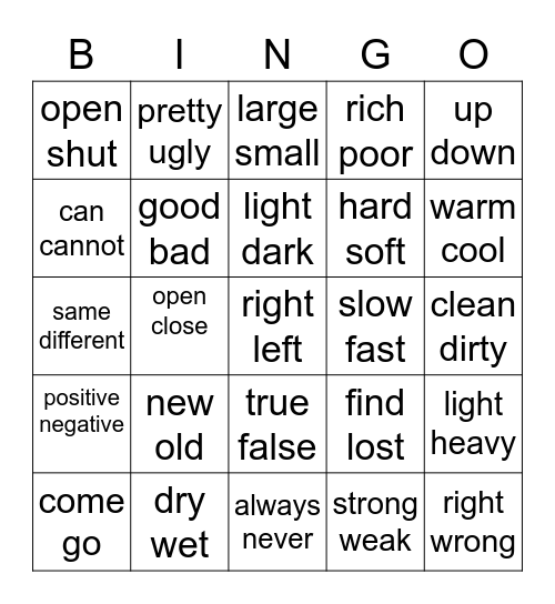 Opposites Bingo Card