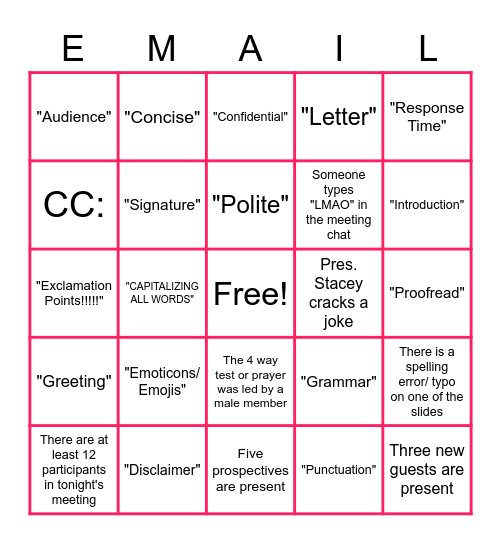 EMAIL ETIQUETTE BINGO Card