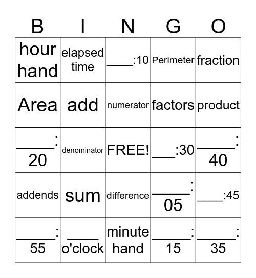 Third Grade Math Terms Bingo Card