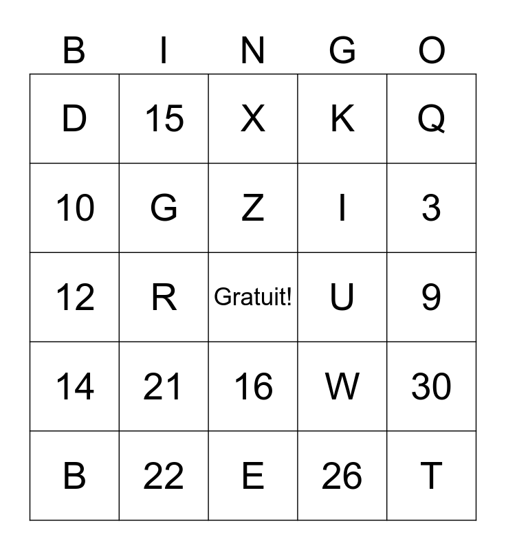 L'alphabet et les nombres (1 à 31) Bingo Card