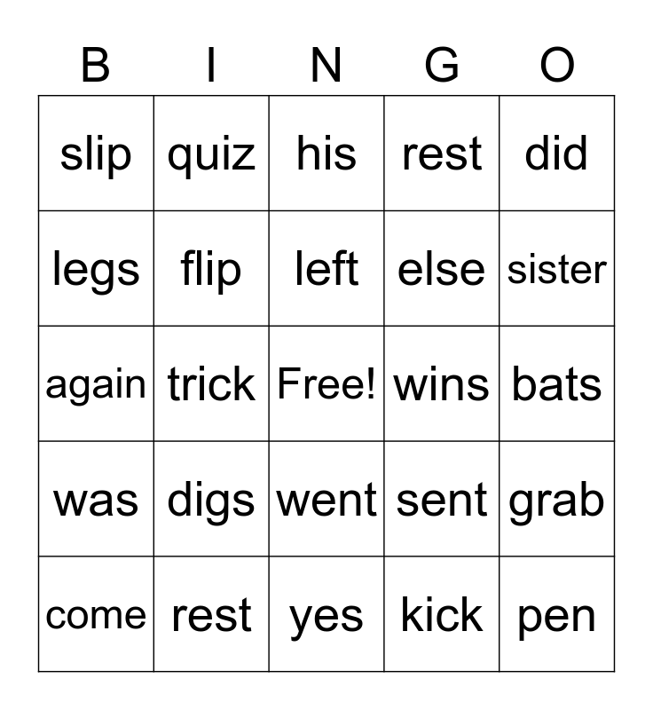 Spelling Words Bingo Card