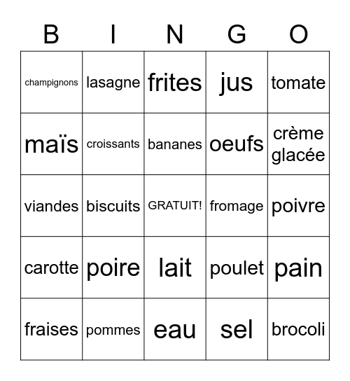 La nourriture Bingo Card