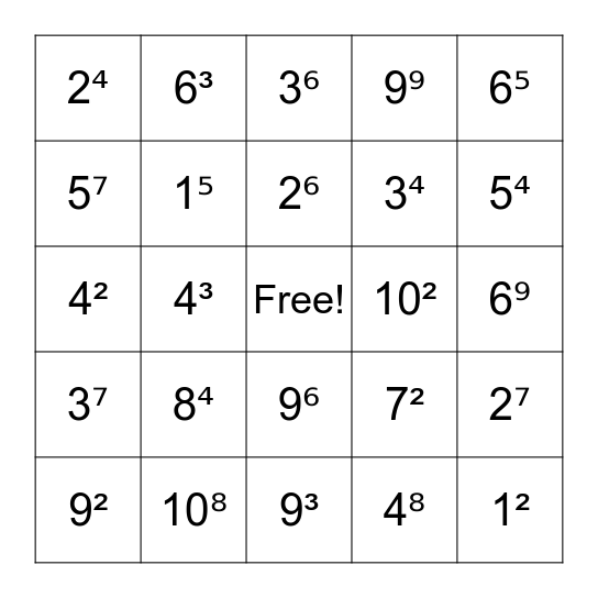 Exponents Bingo Card