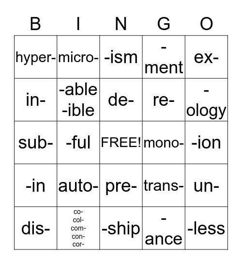 Prefix / Suffix Bingo Card