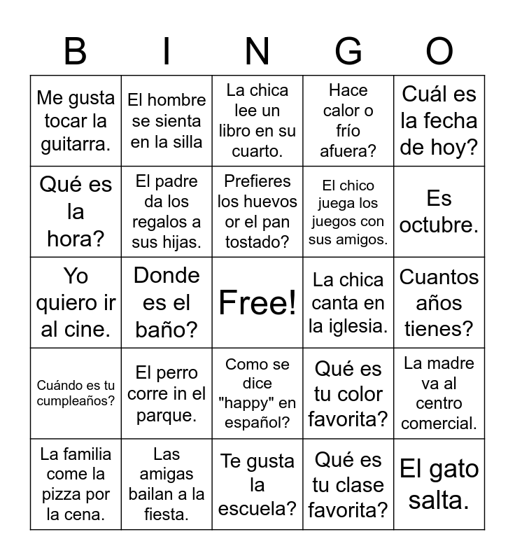 Spanish Phrases Bingo Card