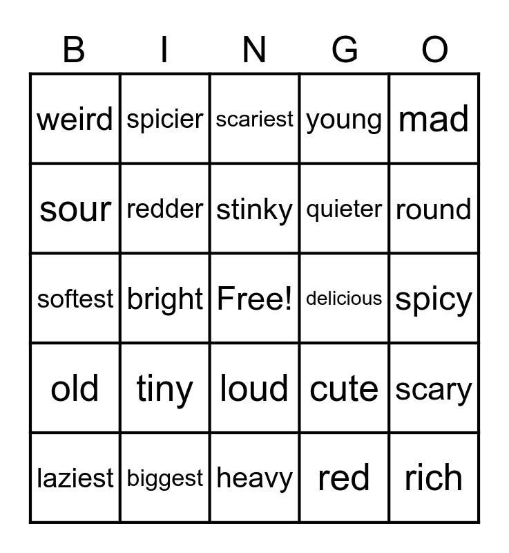 Adjectives Bingo Card