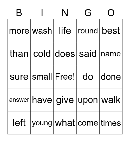 High Frequency Words - 1 Bingo Card