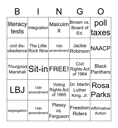 Civil Rights Bingo Card