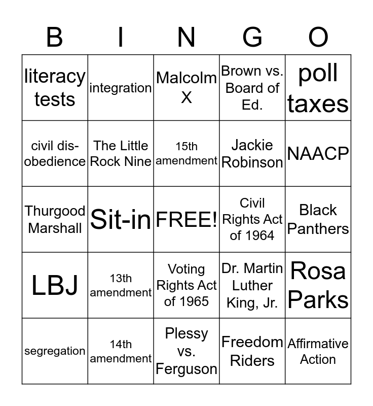 Civil Rights Bingo Card