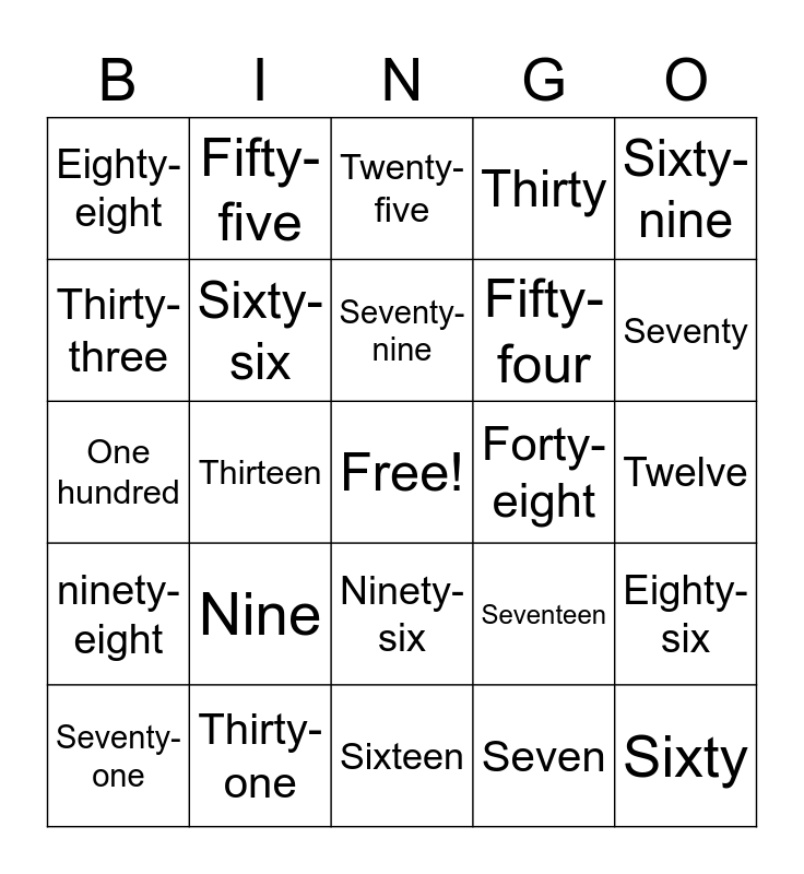 Number Words 1 Bingo Card