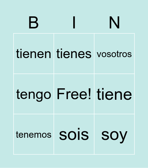 Tener Bingo Board Bingo Card