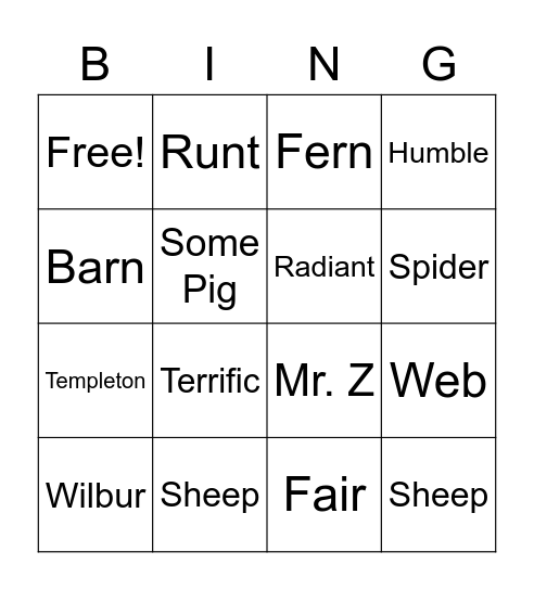 Charlotte's Web Bingo Card