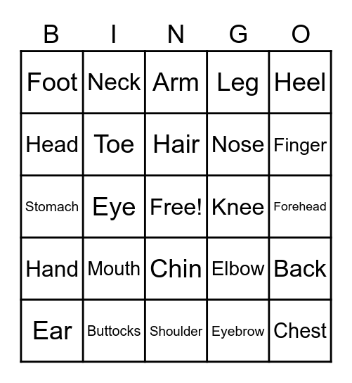 Human Body Bingo Card