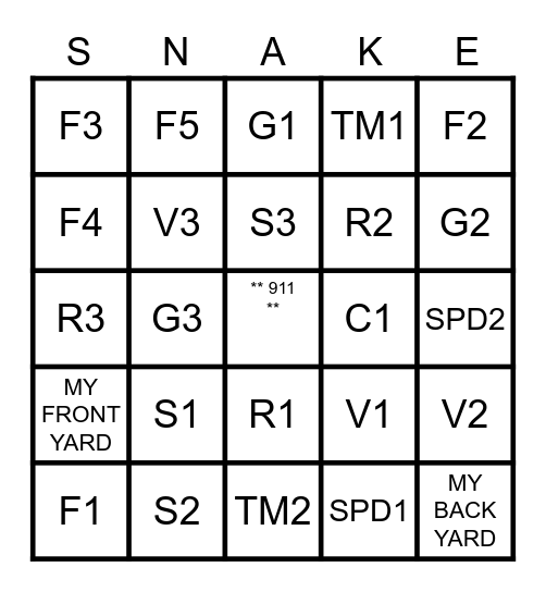 911 Where is Your Rattle Snake?! Bingo Card