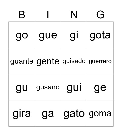 G Bingo Card