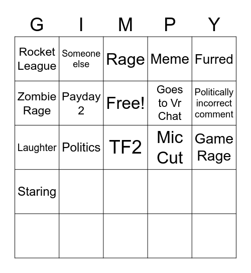 Gimpy's Rage Meter Bingo Card