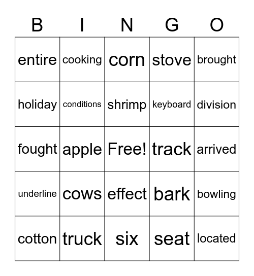 10th List, FRY Words Bingo Card