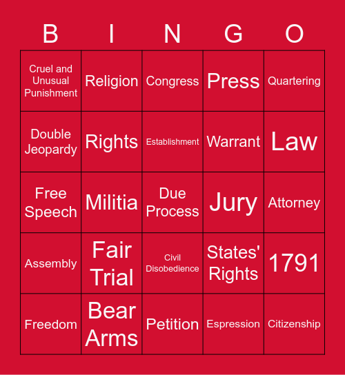 Bill of Rights Bingo Card