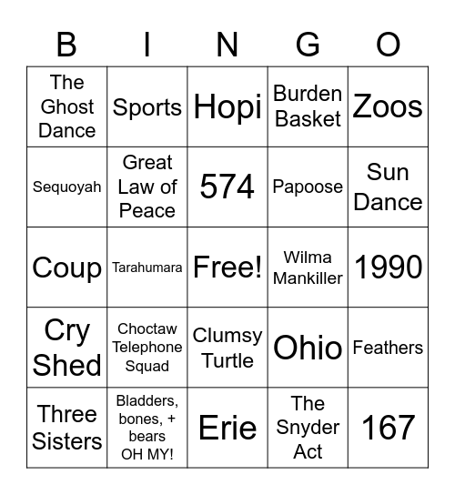 Native American Heritage Month Bingo Card