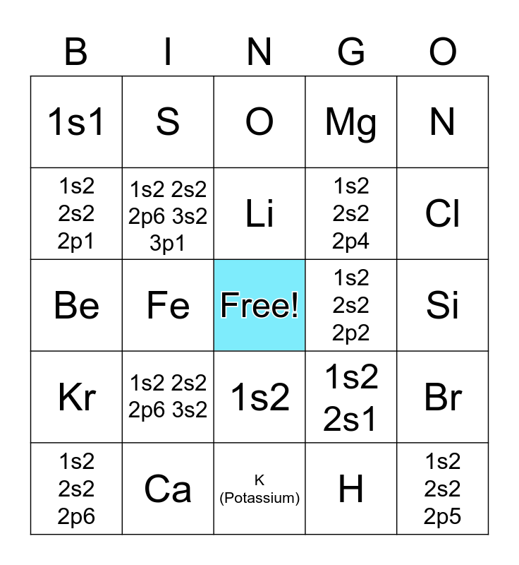 Electron Configuration Bingo Card