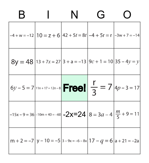 Solving Linear Equations Bingo Card