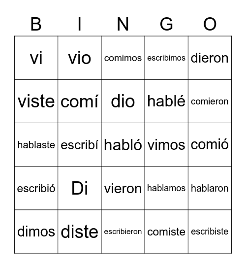 Spanish Verbs (Preterite- Simple Past) Bingo Card
