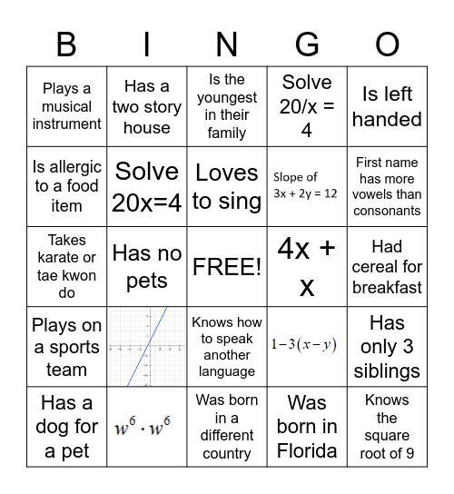 Get to know you/Math Review Bingo Card