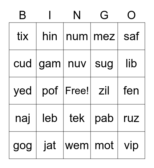 Nonsense Word BINGO Card