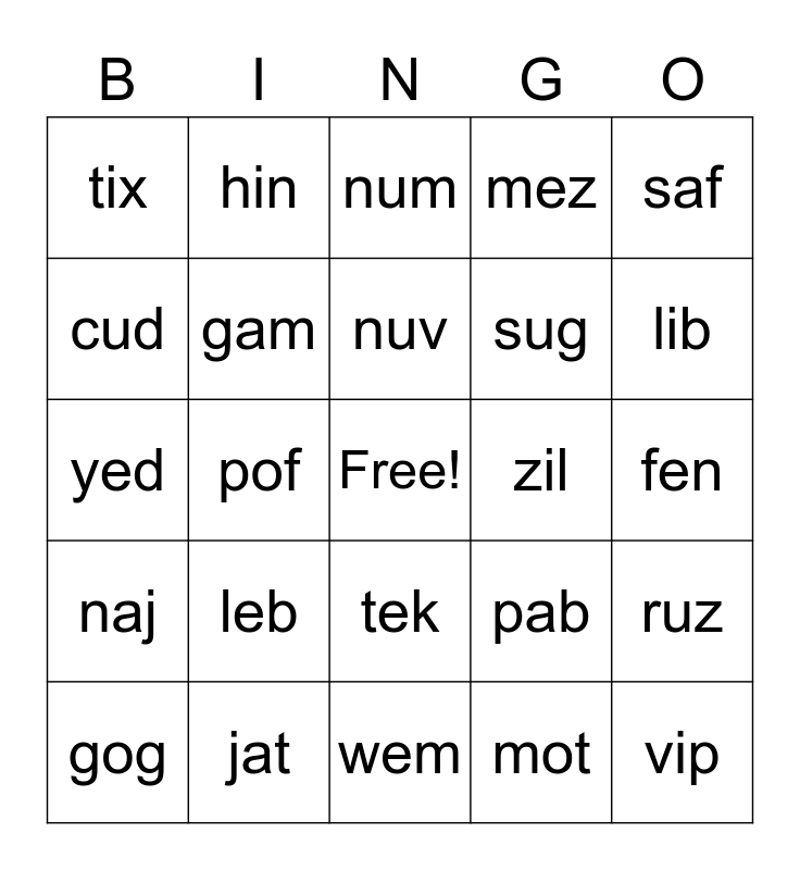 Nonsense Word BINGO Card