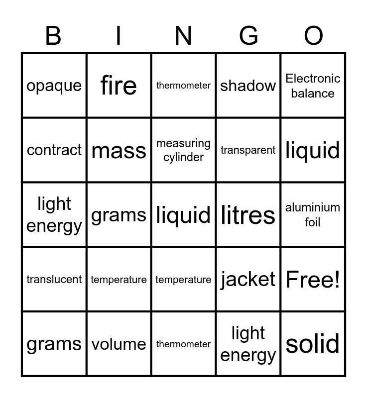 P4 Science Key Words Bingo Card