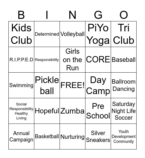 Carls Family YMCA Bingo Card