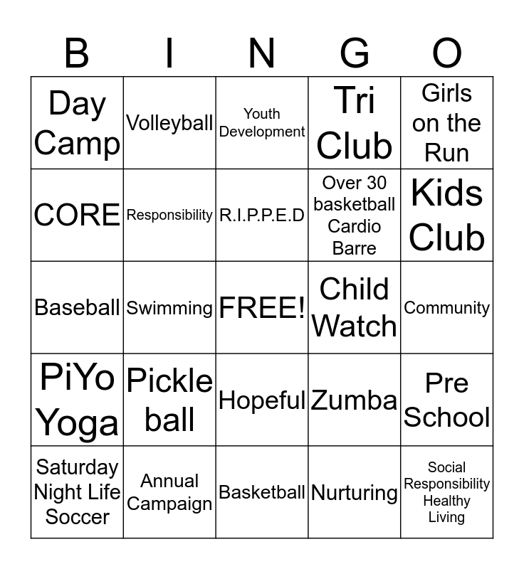Carls Family YMCA Bingo Card