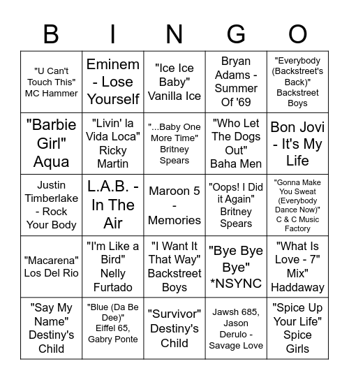 Musical Bingo Card