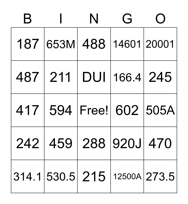 Penal Code Bingo Card