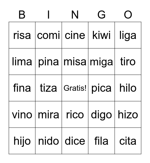Silabas con i Bingo Card