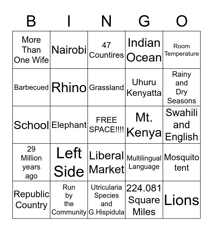 Kenya Bingo Card