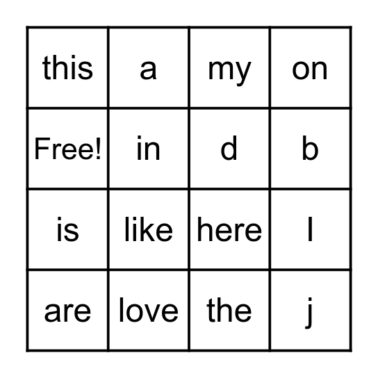 Sight Word Week #1 Bingo Card
