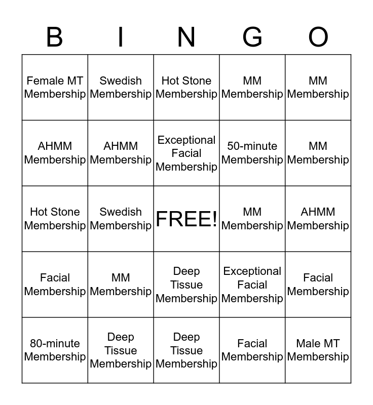 Hand & Stone Membership Bingo! Bingo Card