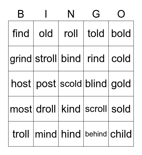 ild, old, ind, ost, oll Bingo Card