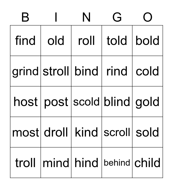 ild, old, ind, ost, oll Bingo Card