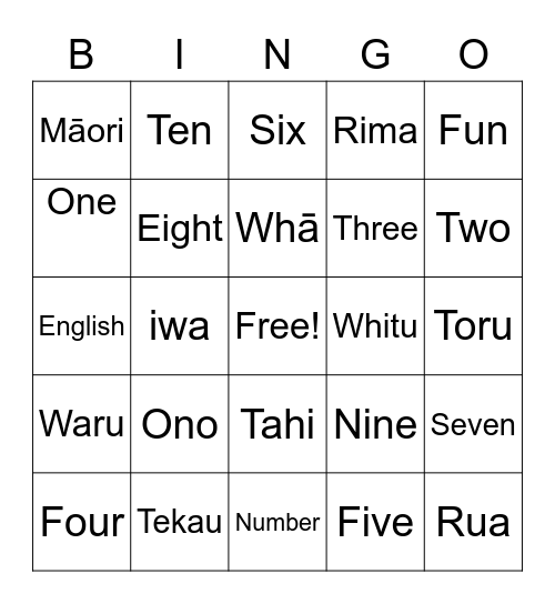 Māori and English Number Fun Bingo Card