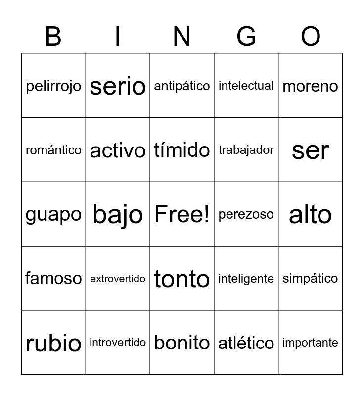 Spanish adjective bingo Card