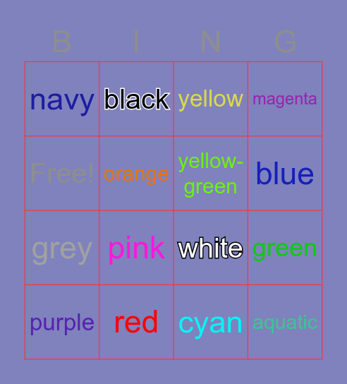 Colours Bingo Card