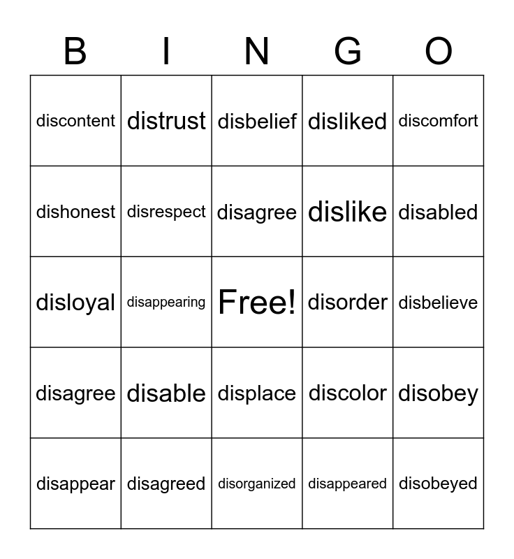 Dis - the opposite of Bingo Card