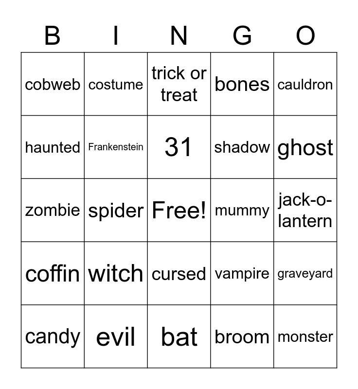 Halloween Themed Bingo Card
