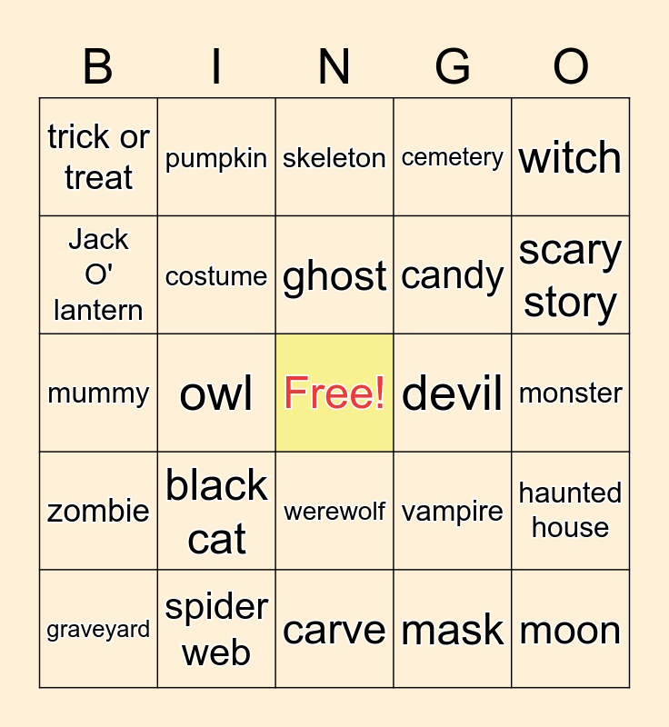 Halloween Words Bingo Card