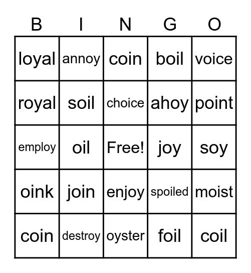 oi/oy words Bingo Card