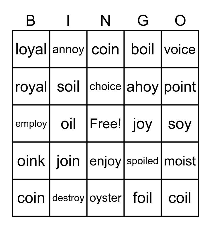 oi/oy words Bingo Card