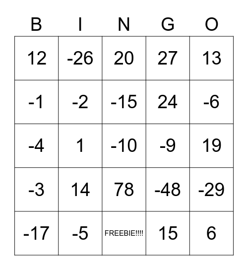 Integer Bingo Card