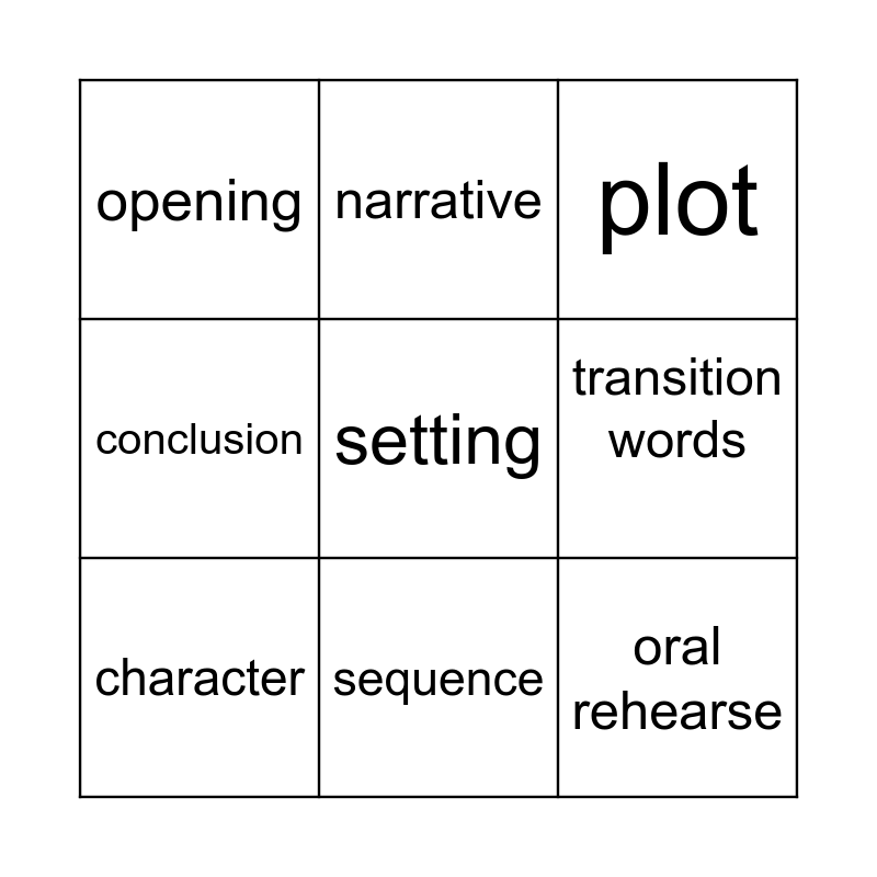 Narrative Writing Vocabulary Bingo Card
